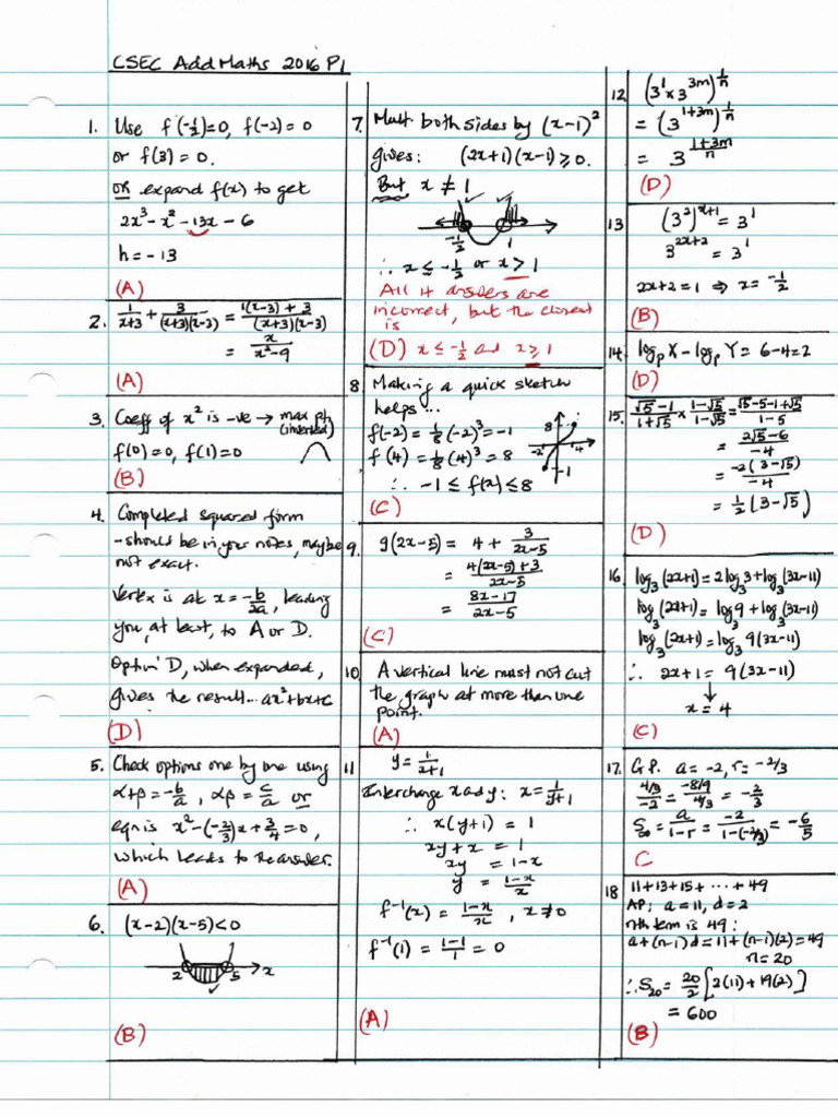 CSEC Additional Mathematics June 2016 P1 (Solutions) | PDF