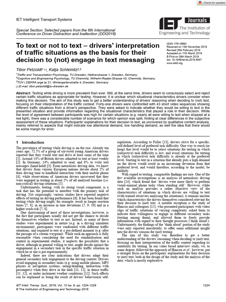 IET Intelligent Trans Sys - 2019 - Petzoldt - To Text or Not To Text ...