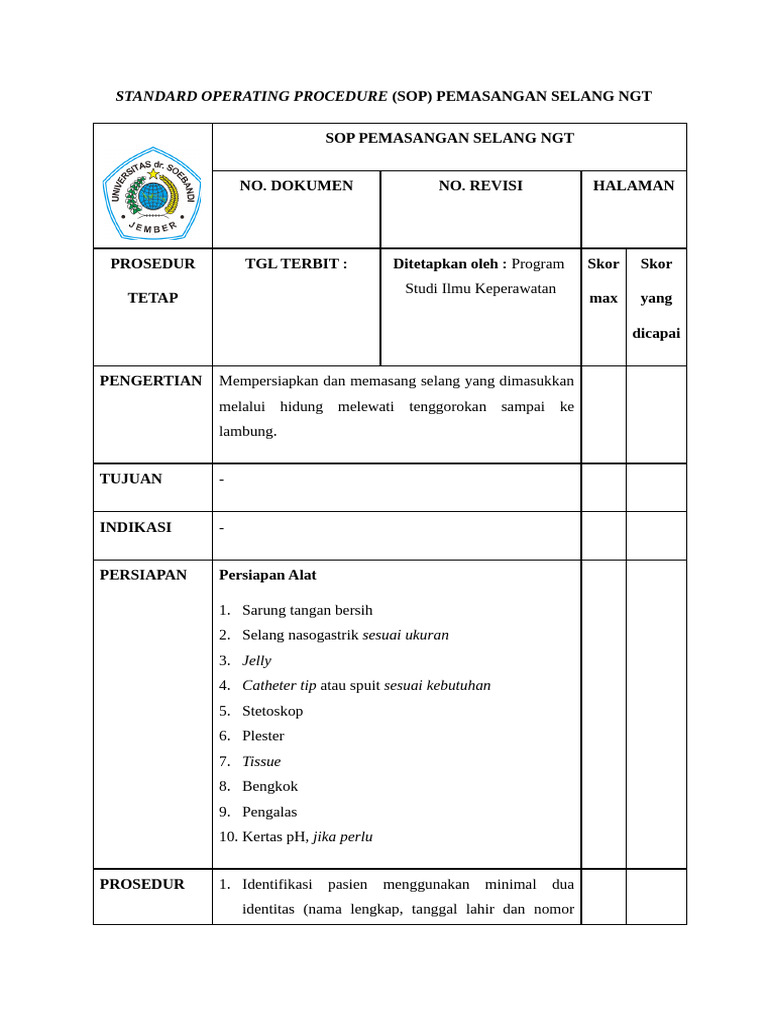 Sop Pemasangan Selang NGT | PDF