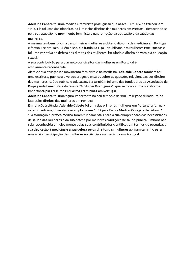 Pioneira Feminista e Médica Portuguesa | PDF