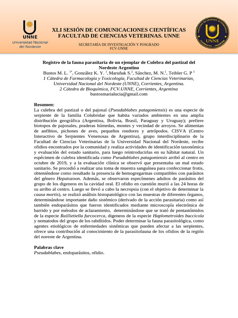 Bustos Resumen 1 - XLI SCC FCV | PDF | Serpiente | Parasitismo