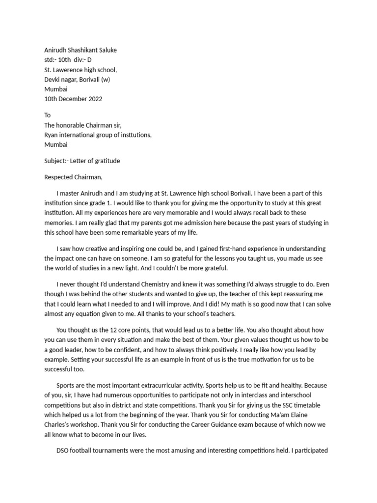 Anirudh's Gratitude Letter | PDF | Wellness