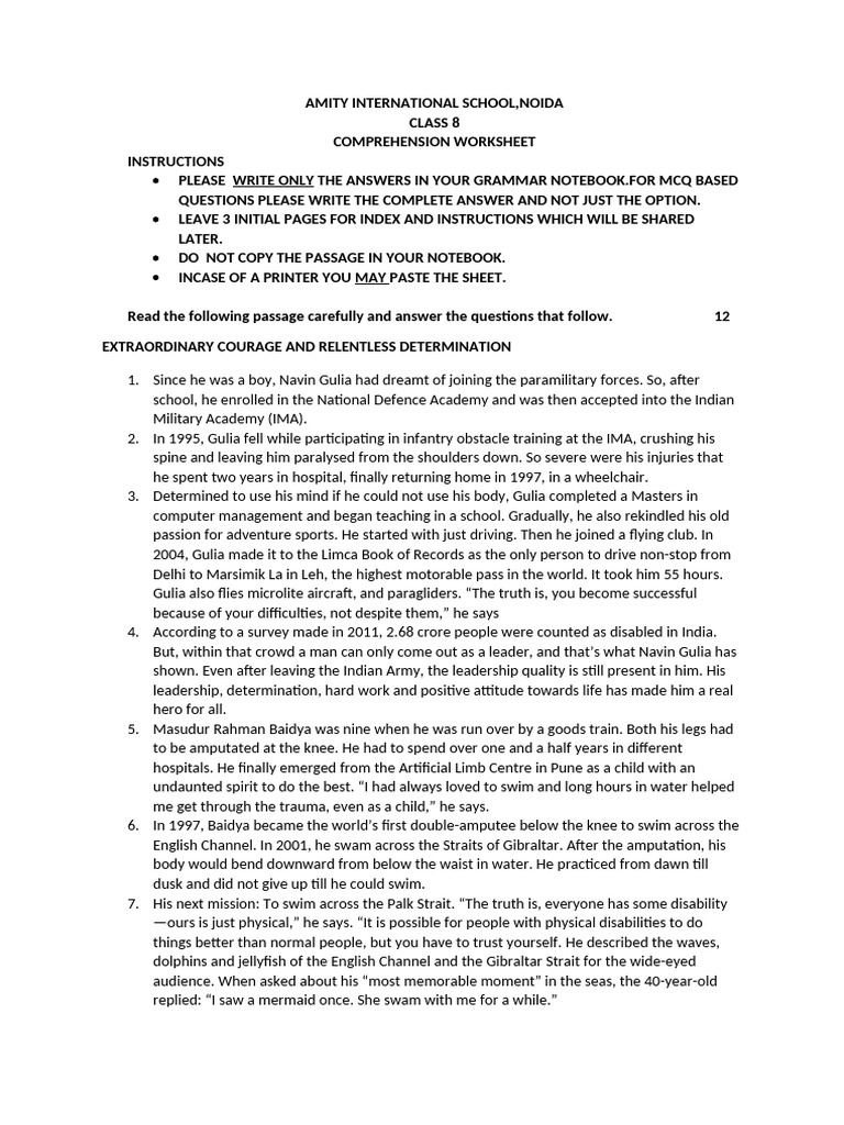 Worksheet - Comprehension Passage | PDF