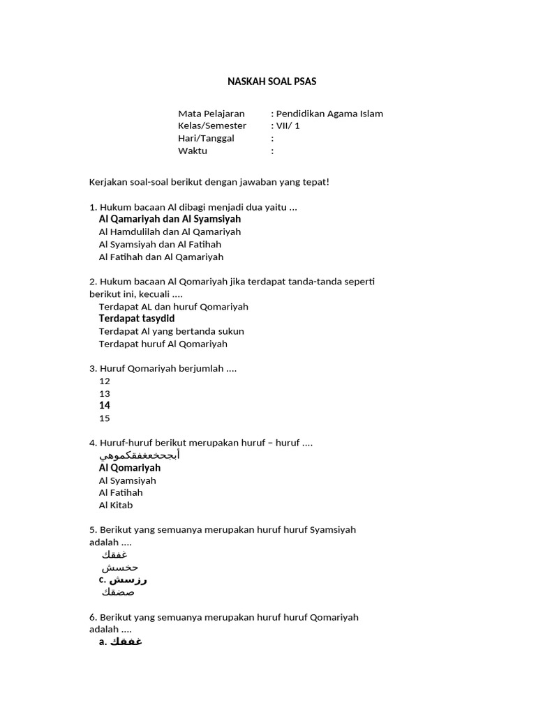 Naskah Soal Psas Kelas 7 Semester 1-2023 | PDF