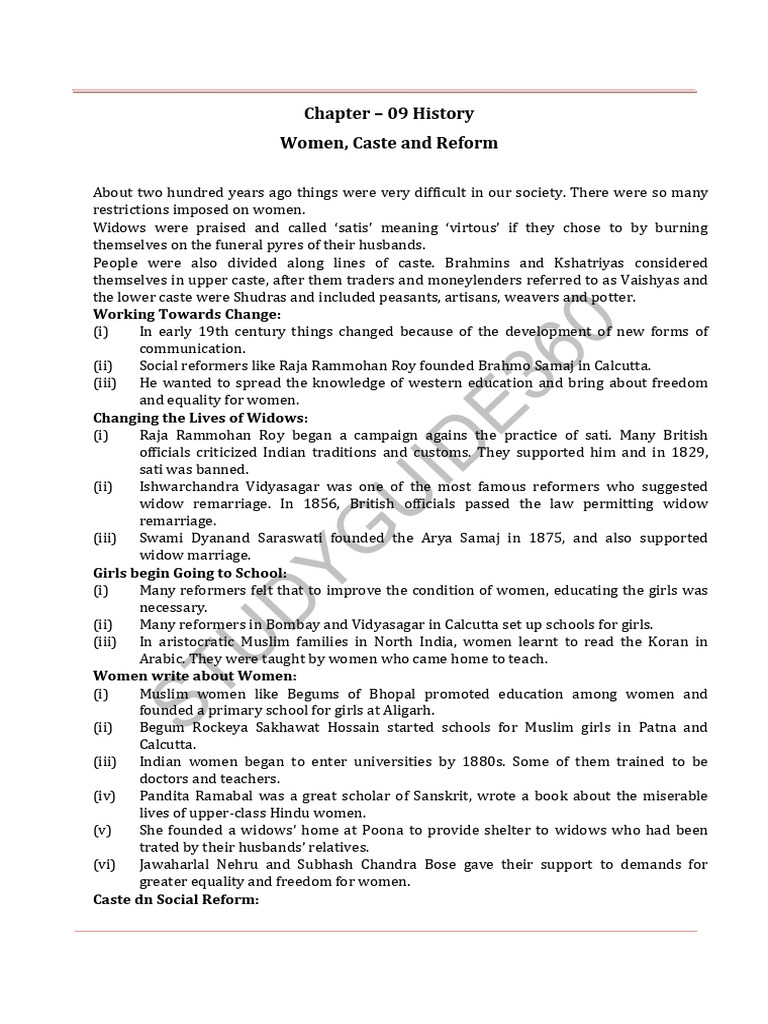 08 Social Science History Key Notes CH 09 Women Caste and Reform ...