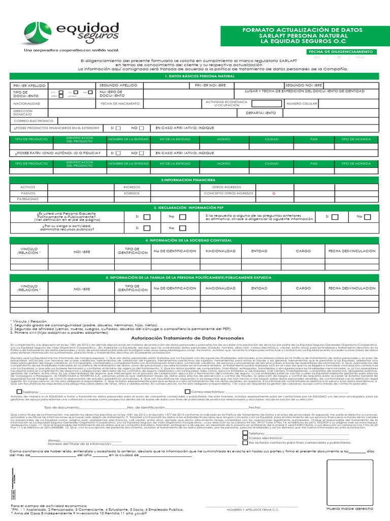 Formulario Actualizacion de Datos Sarlaft Persona Natural | PDF | Seguro | Póliza de seguros