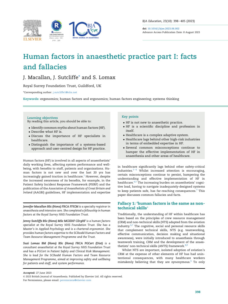 Human Factors in Anaesthetic Practice Part I: Facts and Fallacies | PDF ...