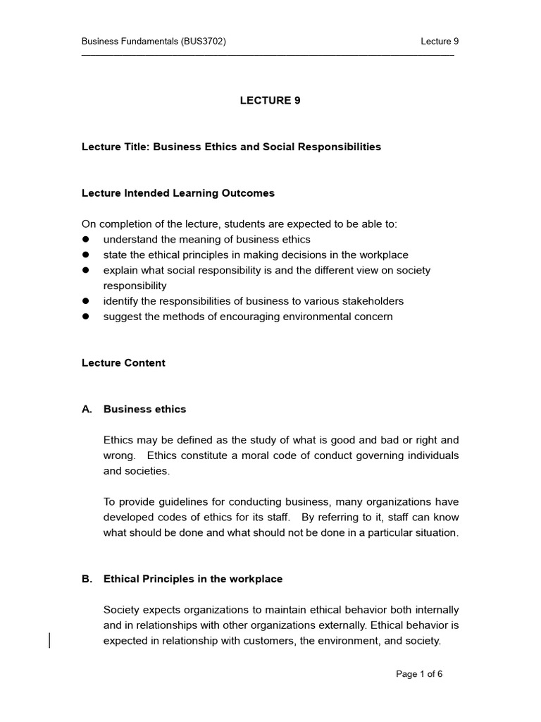 Lecture 09 - Business Ethics and Social Responsibilities | PDF ...