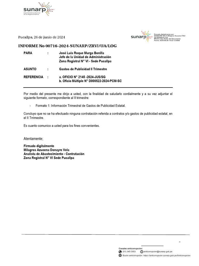 INFORME No 00716-2024-SUNARP - ZRVI - UA - LOG | PDF