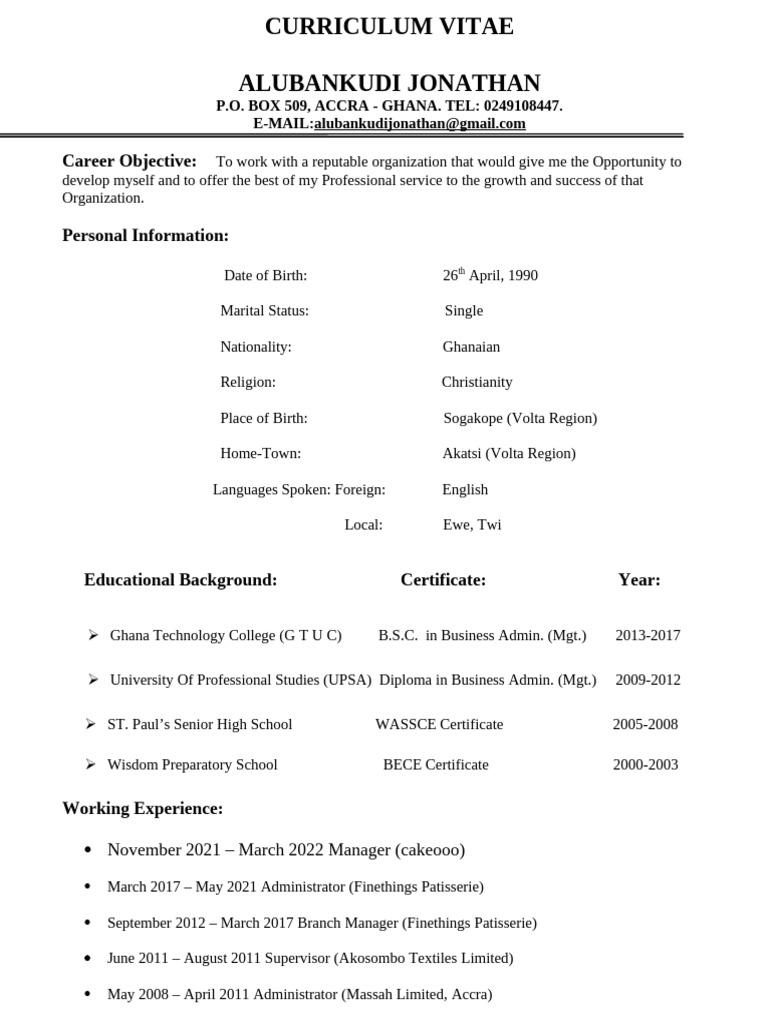 Alubankudi Jonathan CV: Business Admin Expert | PDF | Ghana