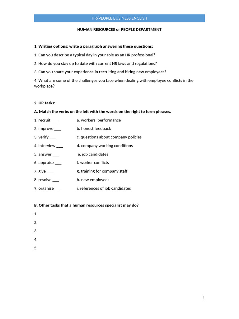 HUMAN RESOURCES or PEOPLE DEPARTMENT ESL Lesson Worksheet | PDF | Human ...