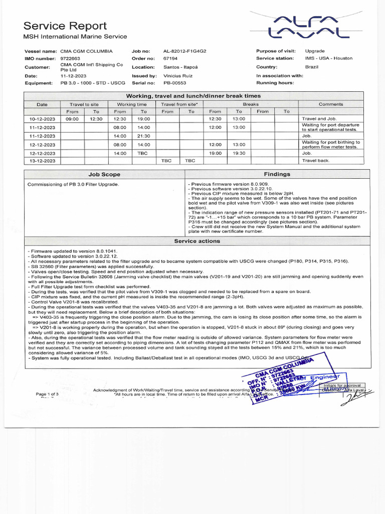 Cma CGM Columbia Service Report Alfa Laval | PDF