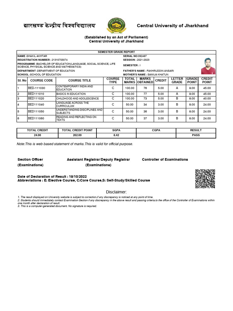 Jharkhand Central University Grade Report | PDF | Science