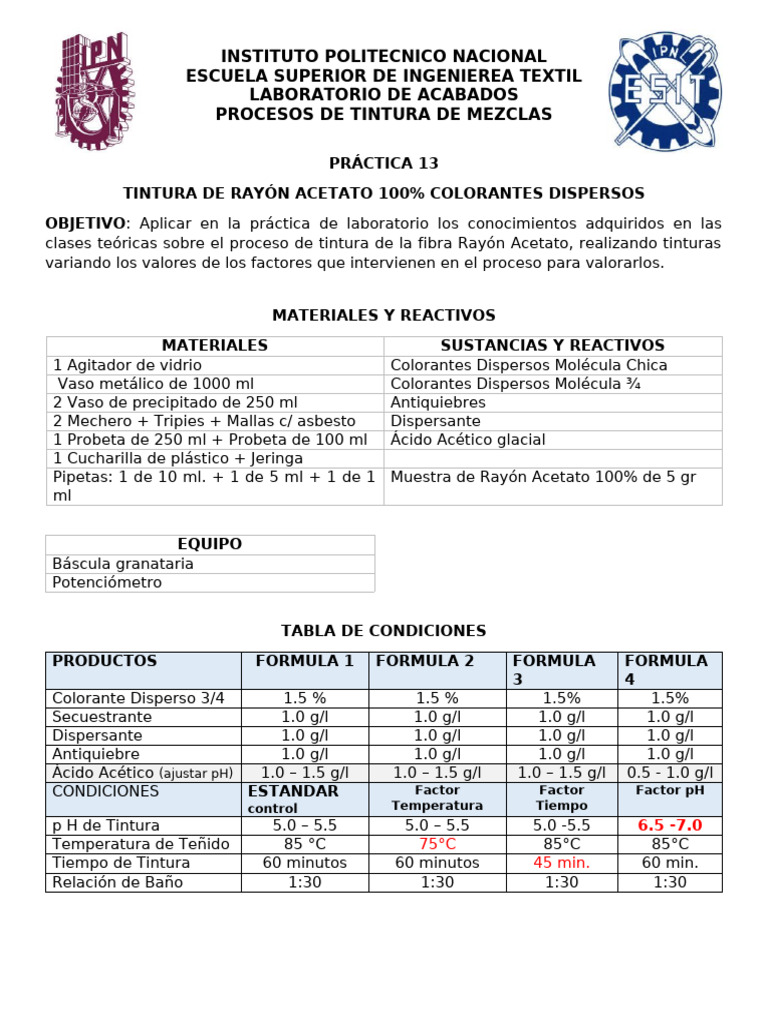 PRÁCTICA 13 TINTURA DE RAYÓN ACETATO 100% COLORANTES DISPERSOS ...