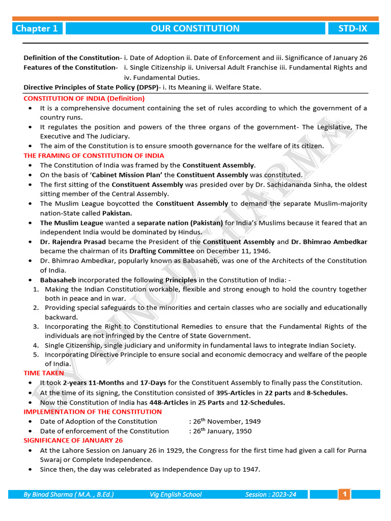 CH-1 Our Constitution-Notes-2023-24 | PDF | Political Charters | Legal ...