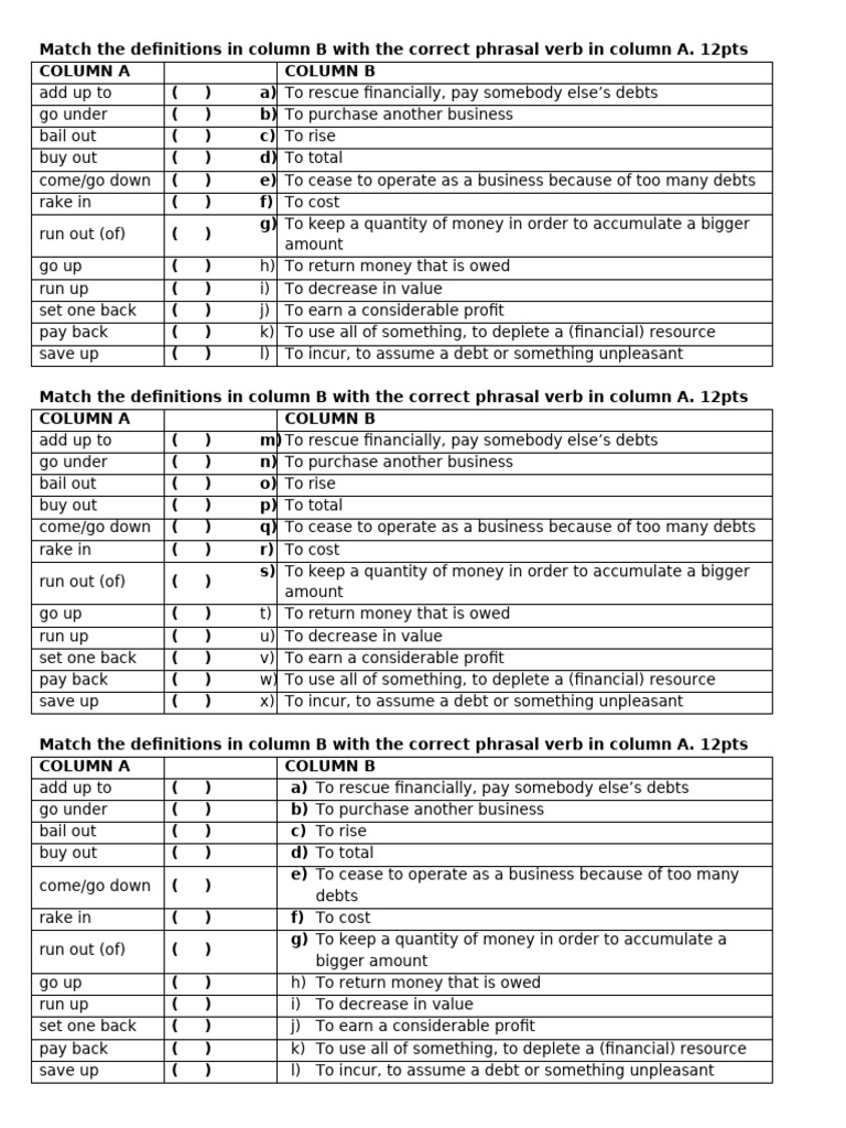 Phrasal Verb Definitions Matching Quiz | PDF | Debt | Economies