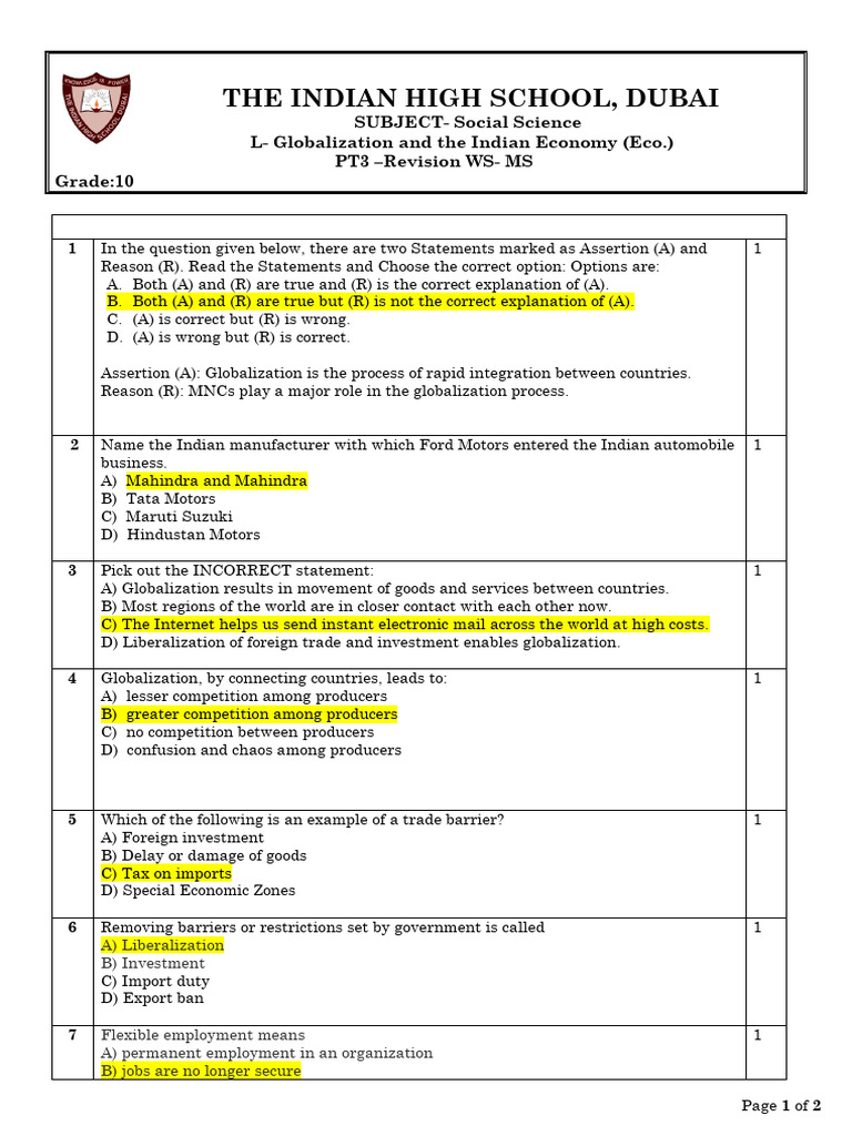 Globalization and Indian Economy Quiz | PDF | Globalization | Economies