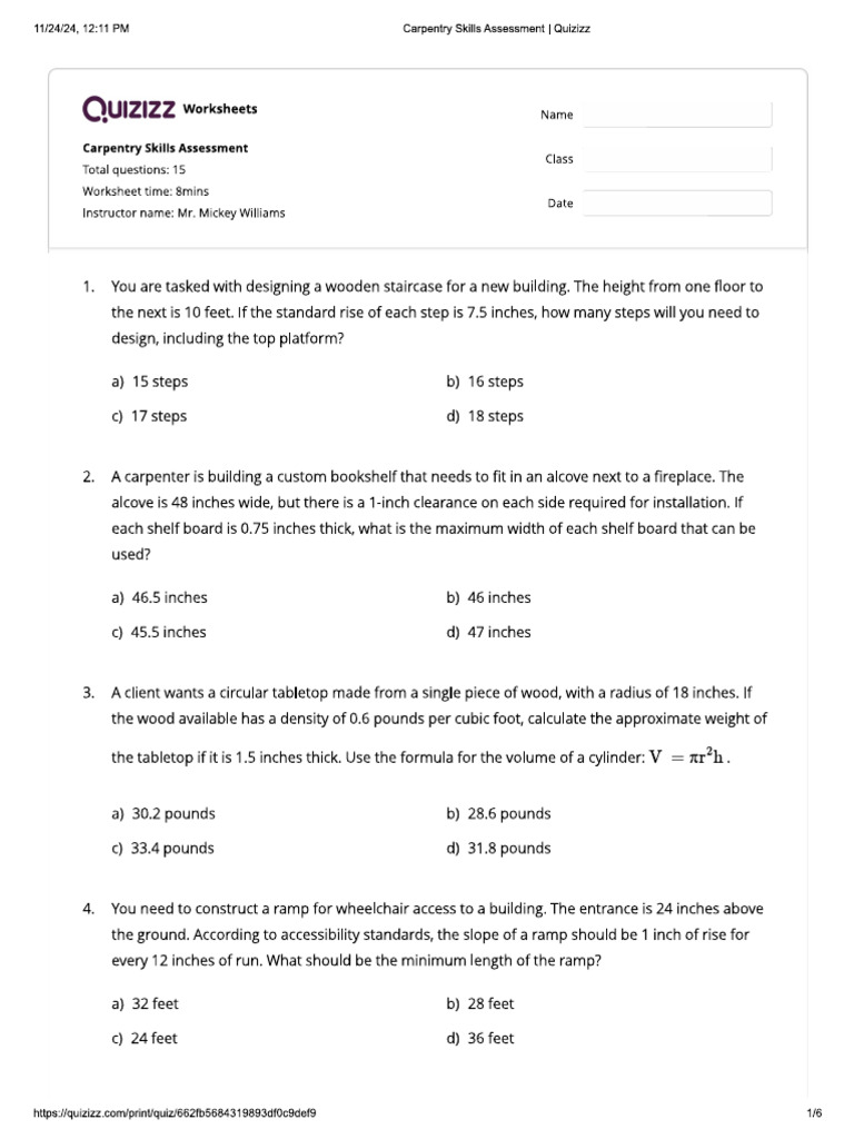 Carpentry Skills Assessment | PDF
