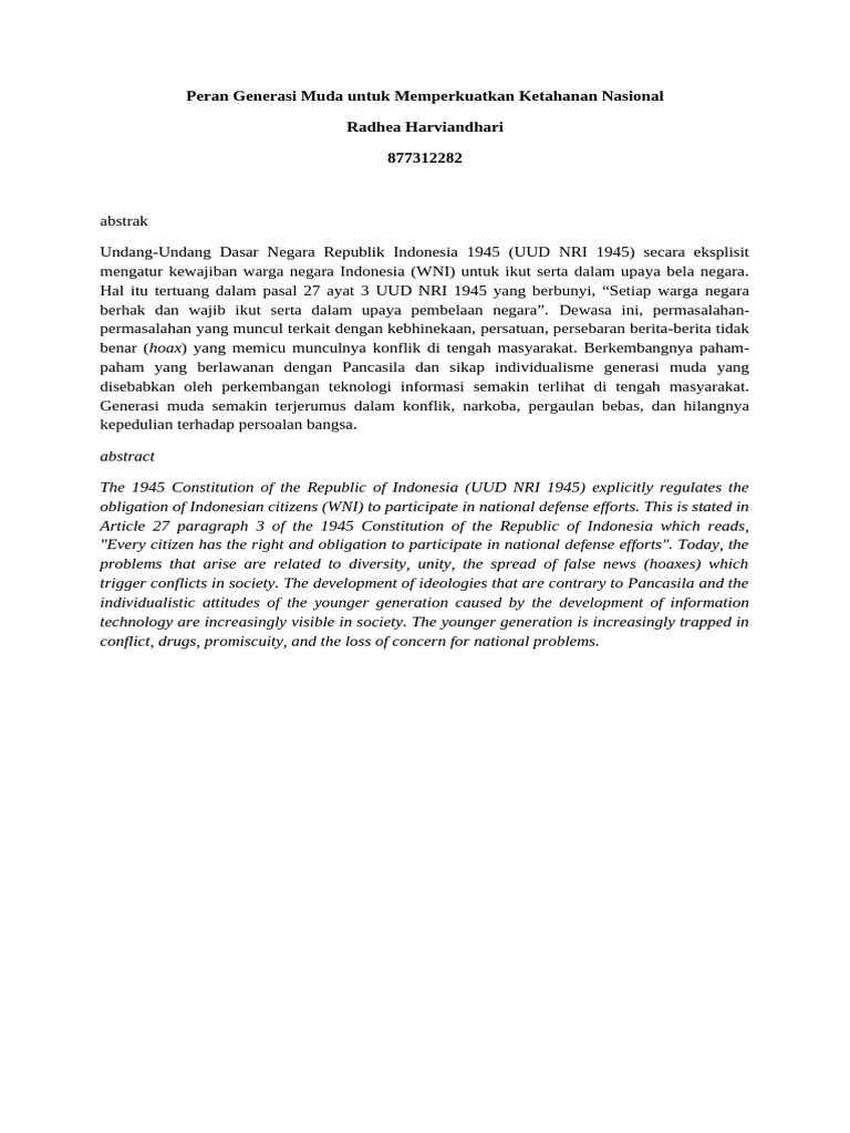 Peran Generasi Muda Untuk Memperkuatkan Ketahanan Nasional | PDF Peran Generasi Muda Untuk Memperkuatkan Ketahanan Nasional | PDF