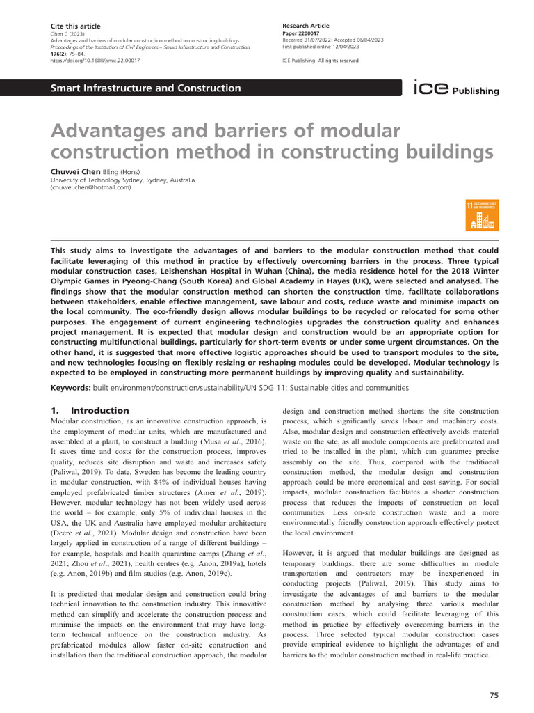 Chen 2023 Advantages and Barriers of Modular Construction Method in Constructing Buildings | PDF ...