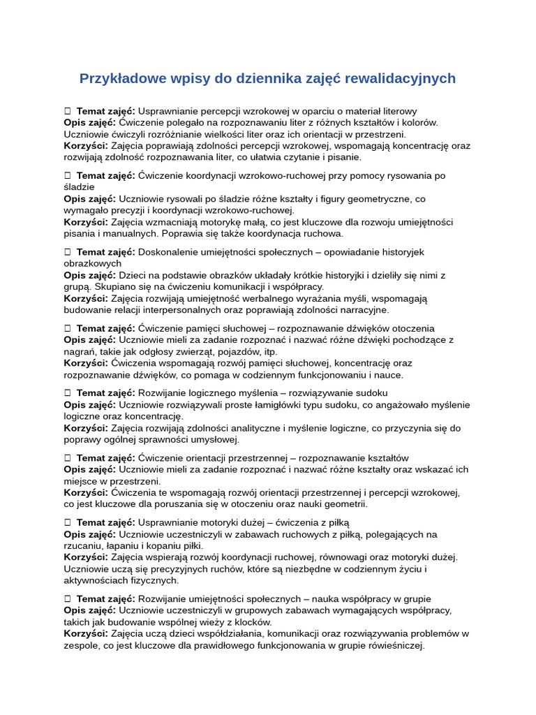 Przykladowe Wpisy Do Dziennika Zajec Rewalidacyjnych 2 | PDF