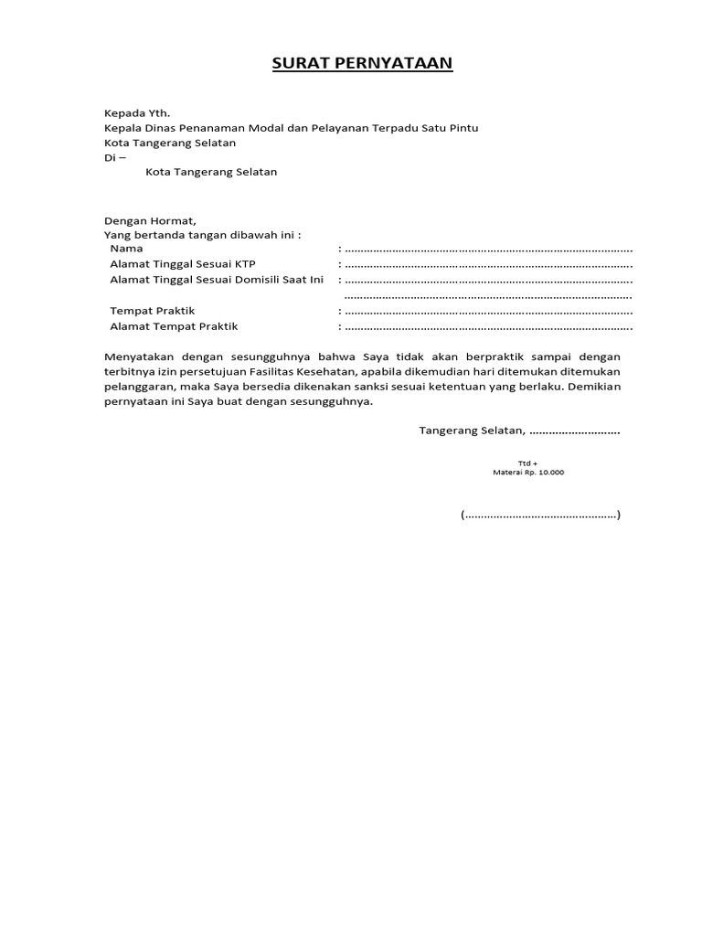 Surat Pernyataan: TTD + Materai Rp. 10.000 | PDF
