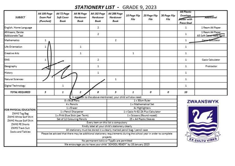 Stationery List - Grade 9 2023 | PDF | Pencil | Office Work