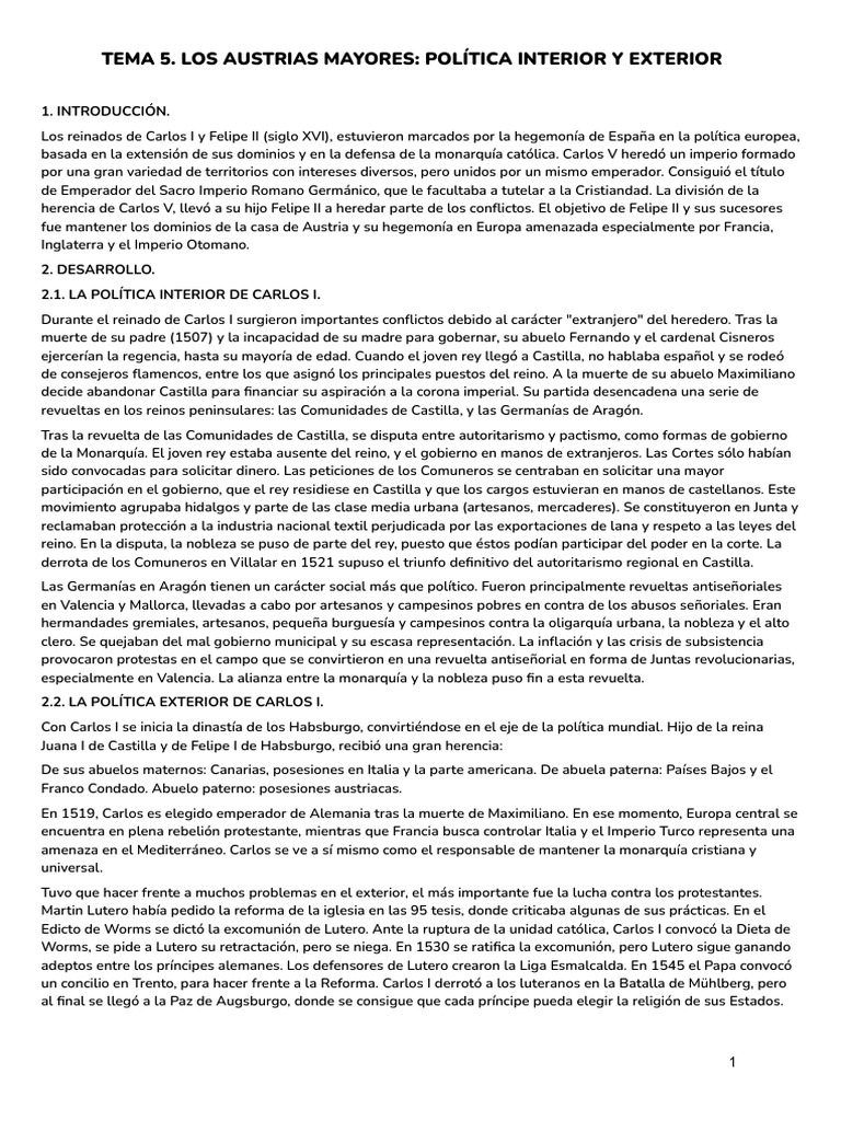 Tema 5. Los Austrias Mayores - Política Interior y Exterior SS | PDF | Imperio español ...