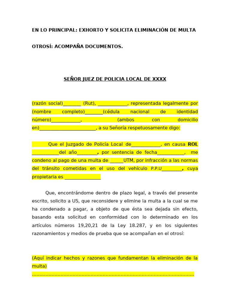 Ejemplo Exhorto Eliminación Multa | PDF | Multa (pena) | Justicia