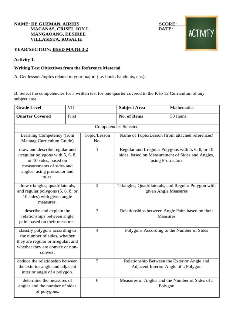REVISED Lesson 3 Activity 1 2 - DeGuzman Macanas Mangaoang Villasista | PDF | Triangle | Polygon