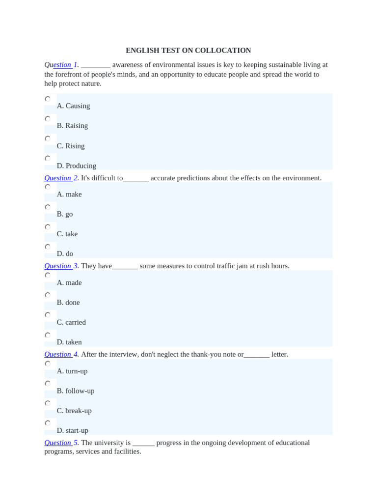 Collocation Test for English Learners | PDF | Natural Environment