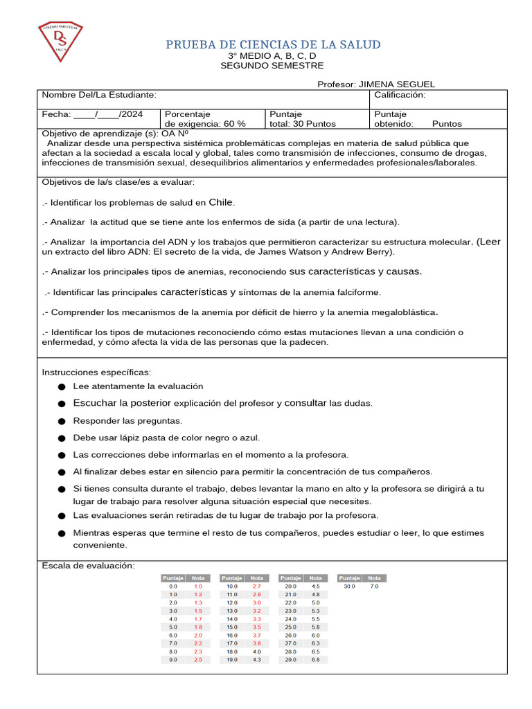 Prueba.-2 - Salud-2°-Sem | PDF | Adn | Genética