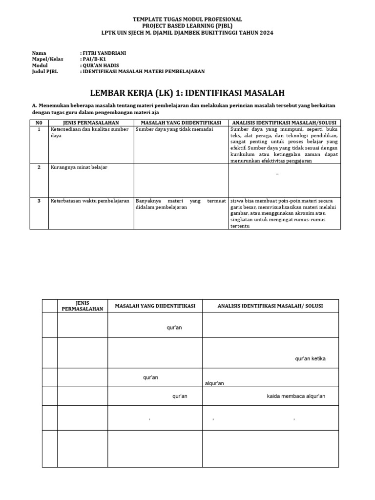 TEMPLATE PJBL Identifikasi Masalah Materi Pembelajaran | PDF