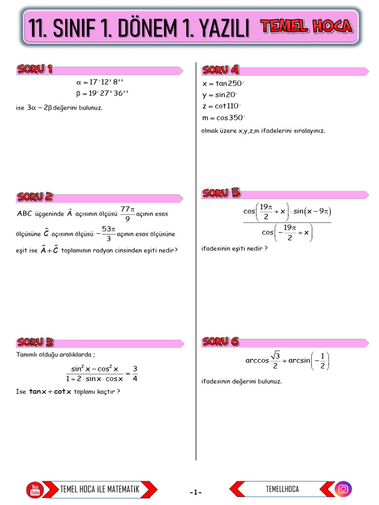 Sinif Matematik 1. Donem 1. Yazili Calismasi | PDF