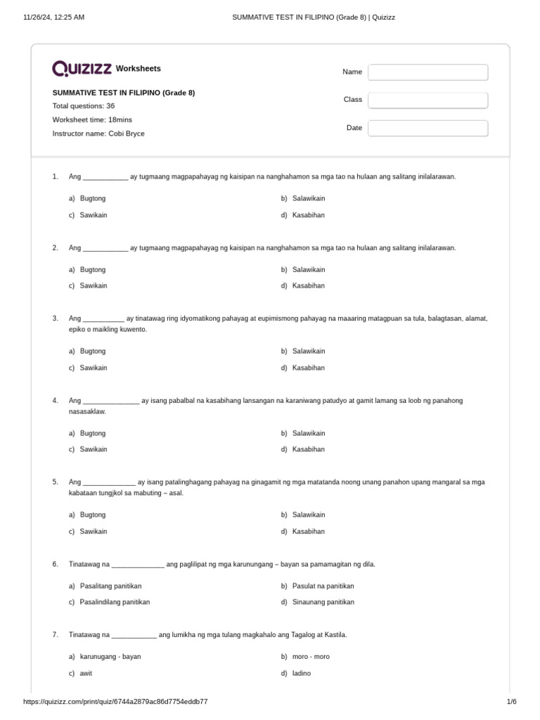 SUMMATIVE TEST IN FILIPINO (Grade 8) - Quizizz | PDF