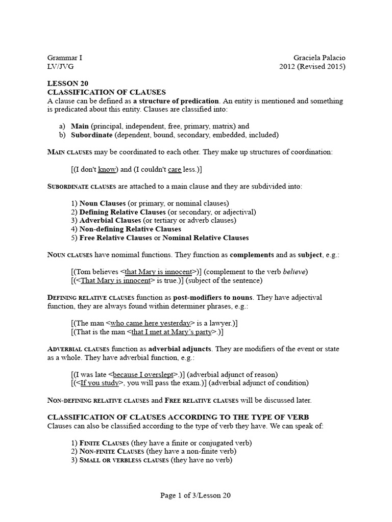 Classification of Clauses in Grammar | PDF | Clause | Sentence ...