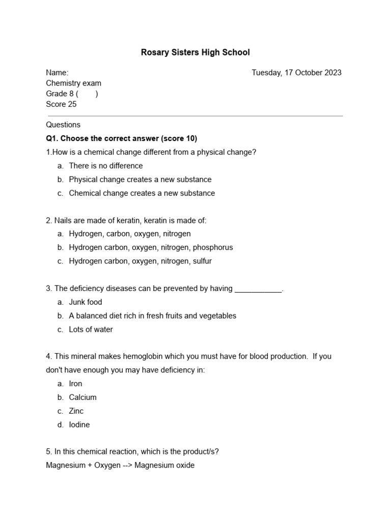 Chemistry Exam 2 Grade 8 | PDF | Magnesium | Combustion