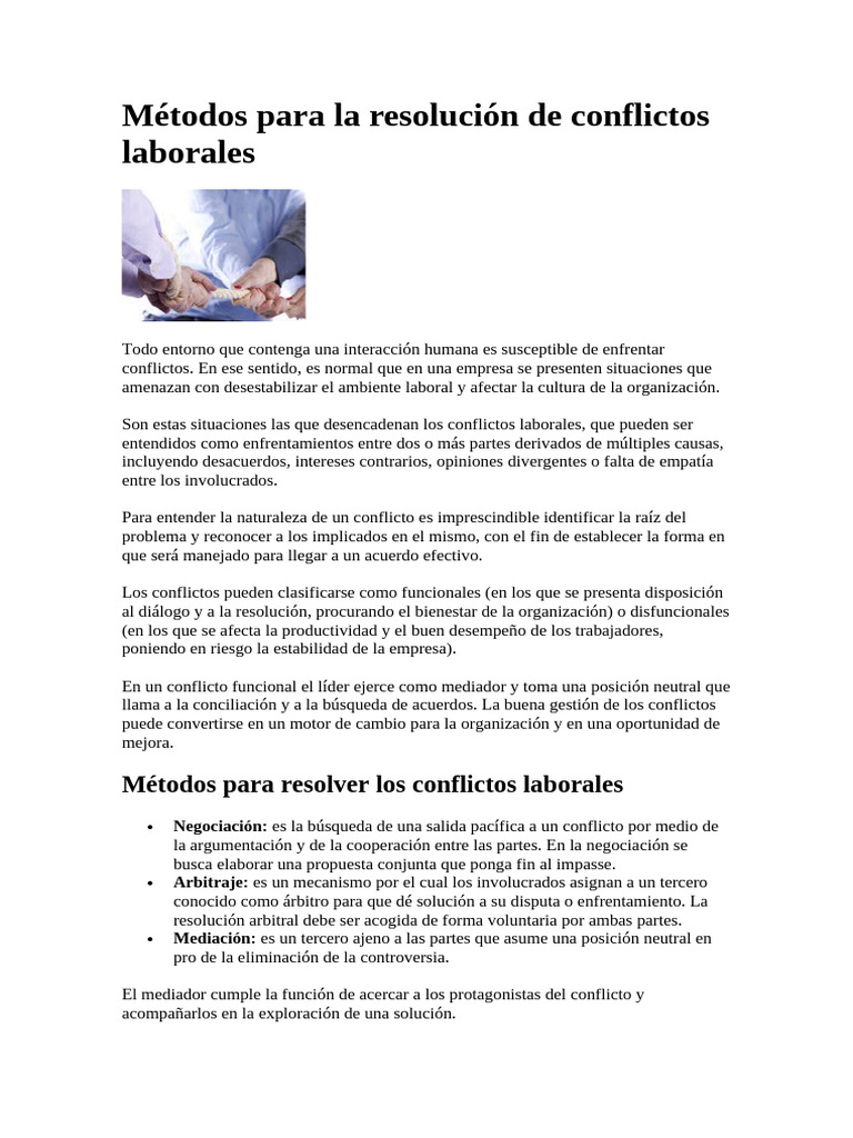 Métodos para La Resolución de Conflictos Laborales | PDF | Mediación | Conflicto (proceso)