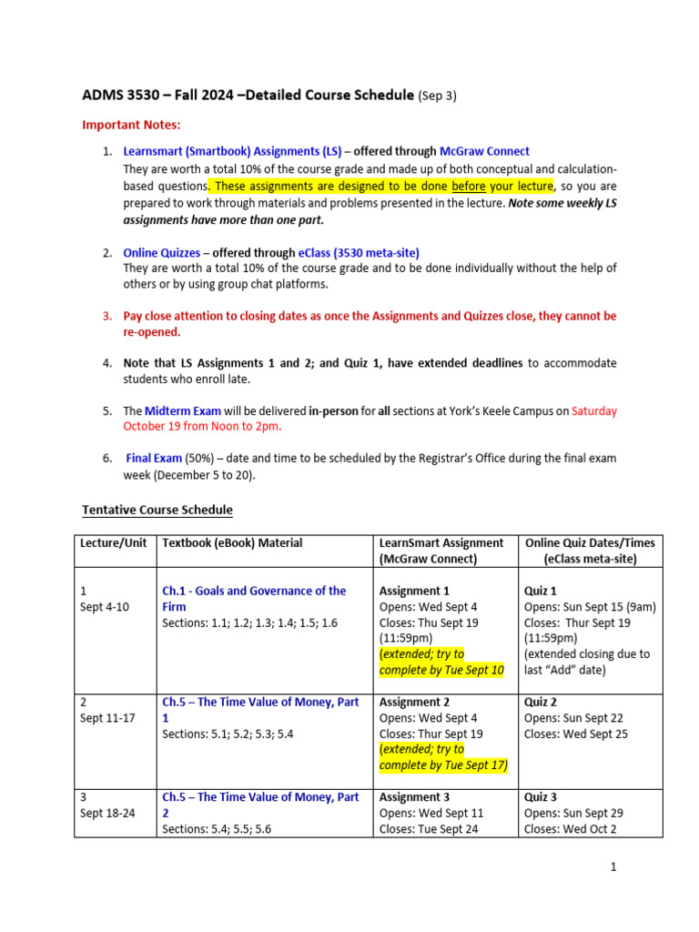 ADMS 3530 Fall 2024 Course Schedule | PDF | Financial Services | Investing