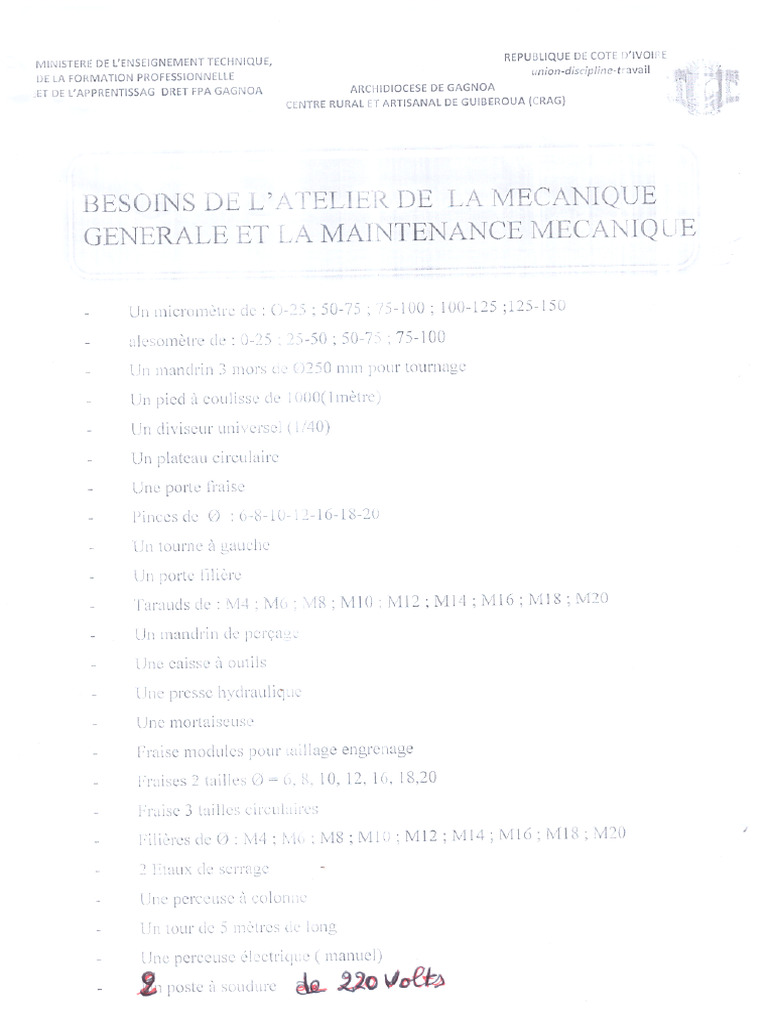 Besoins Atelier de Meca Gen Et Maint Meca | PDF