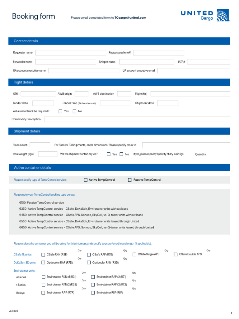 TempControl Shipment Booking Form | PDF