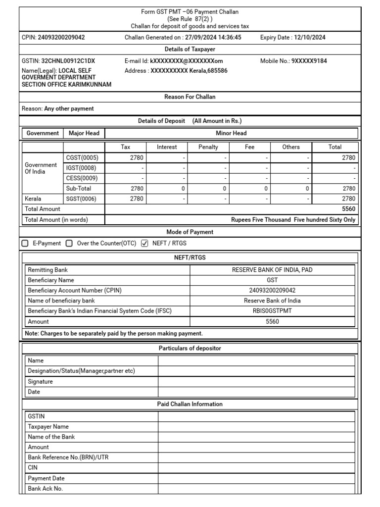 GST PMT-06 Payment Challan Form | PDF | Money | Financial Services