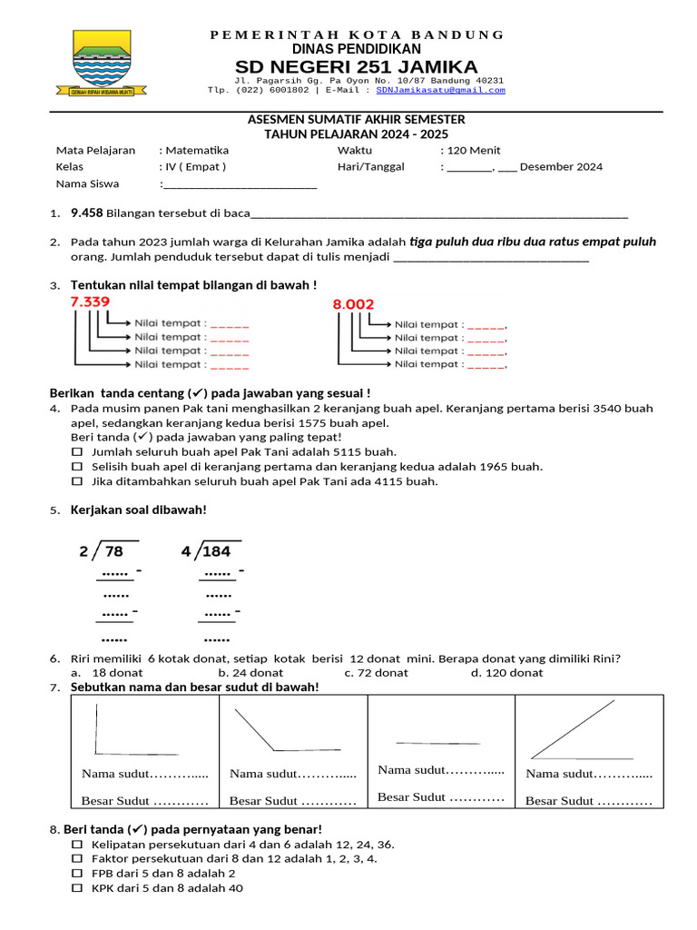 Soal Asas MTK Akm KLS 4 2024 | PDF