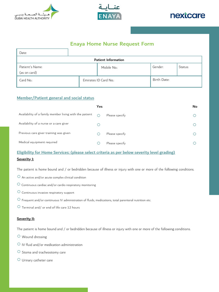 Enaya Home Nurse Request Form | PDF | Heart | Nursing