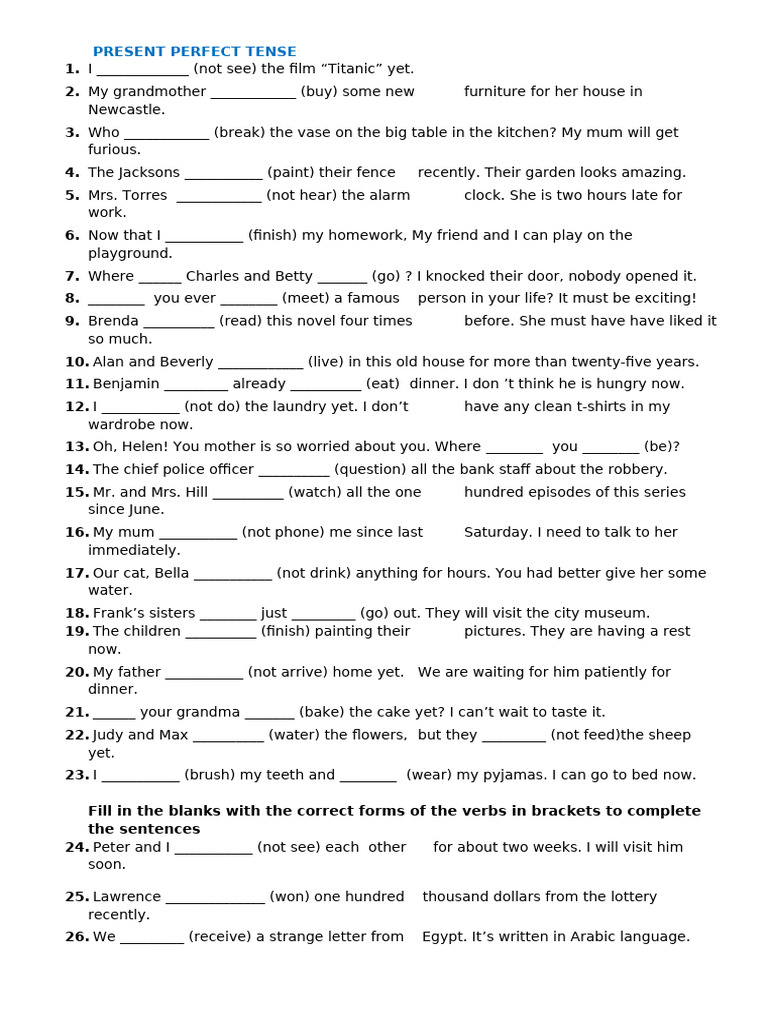 Present Perfect Tense Esl Printable Gap Fill Exercise Worksheet | PDF