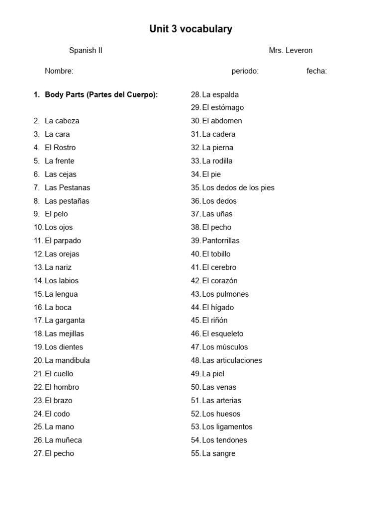 Vocabulario de Partes del Cuerpo y Salud | PDF | Anatomía | Anatomía humana