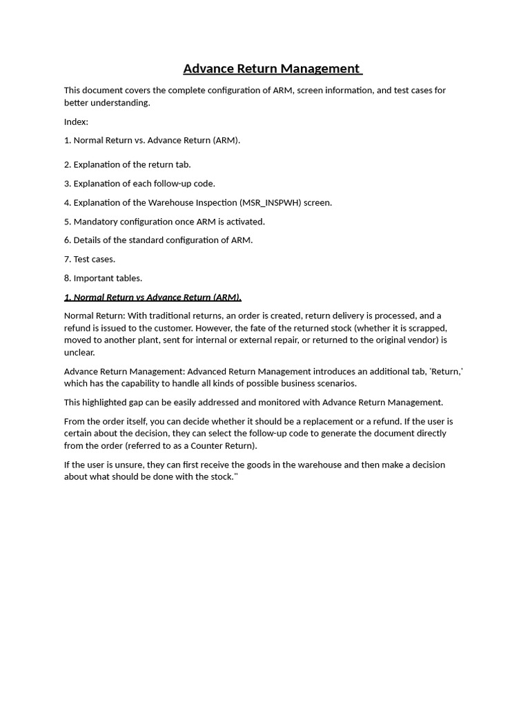 Configuration of Advance Return Management | PDF | Logistics | Warehouse