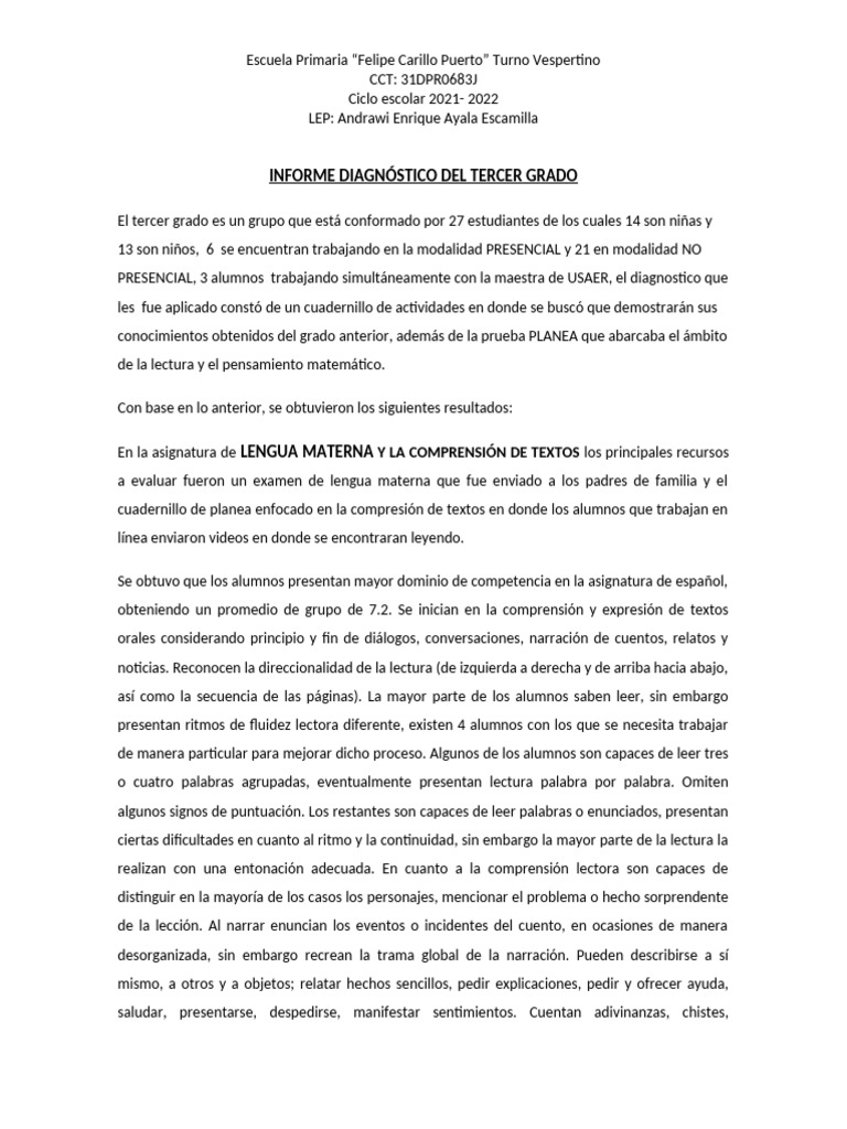 Informe Pedagógico Tercer Grado Primaria | PDF | Educación primaria