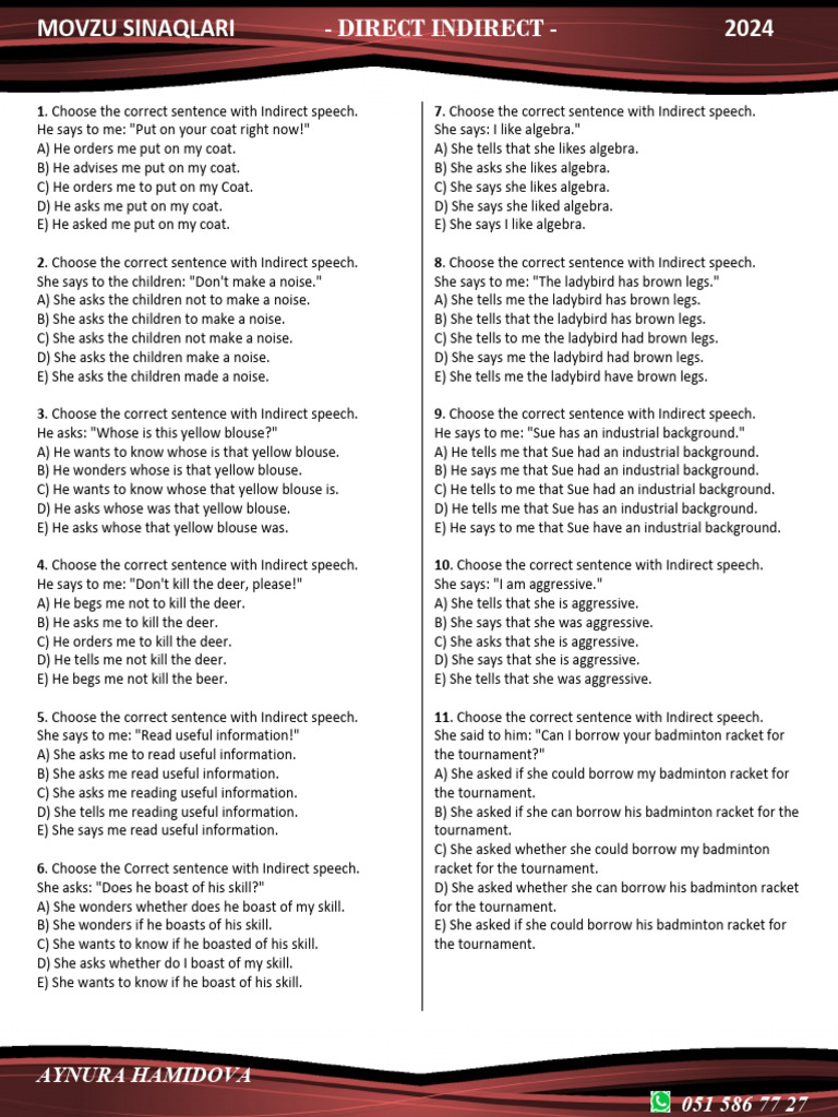 Movzu Sinaqlari 2024 - Direct Indirect | PDF | Language Arts & Discipline