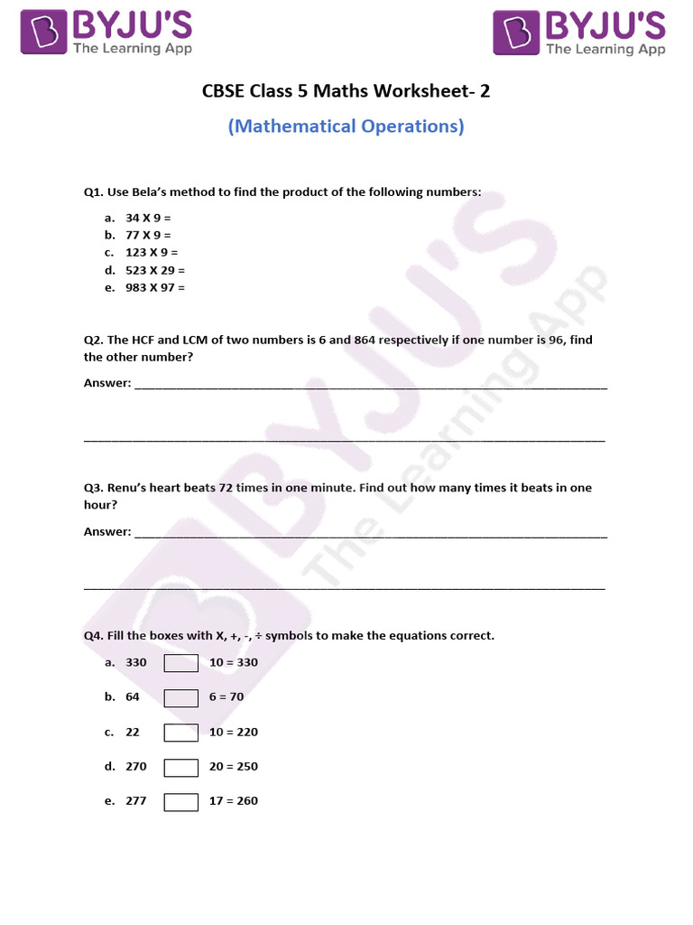 CBSE Class 5 Maths Worksheet 2 1 | PDF